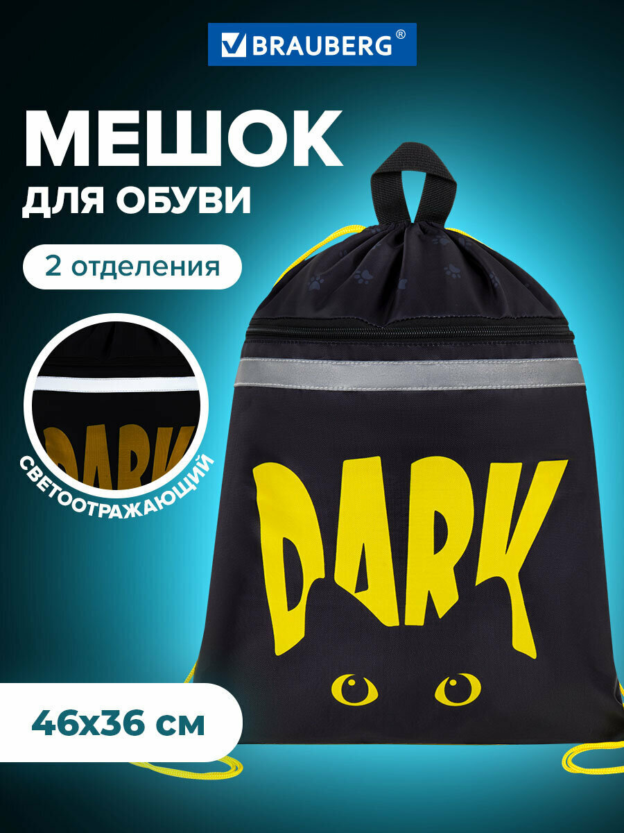 Мешок для обуви Brauberg, с петлей, светоотражающая полоса, 2 отделения, 46х36 см, Dark cat, 272394
