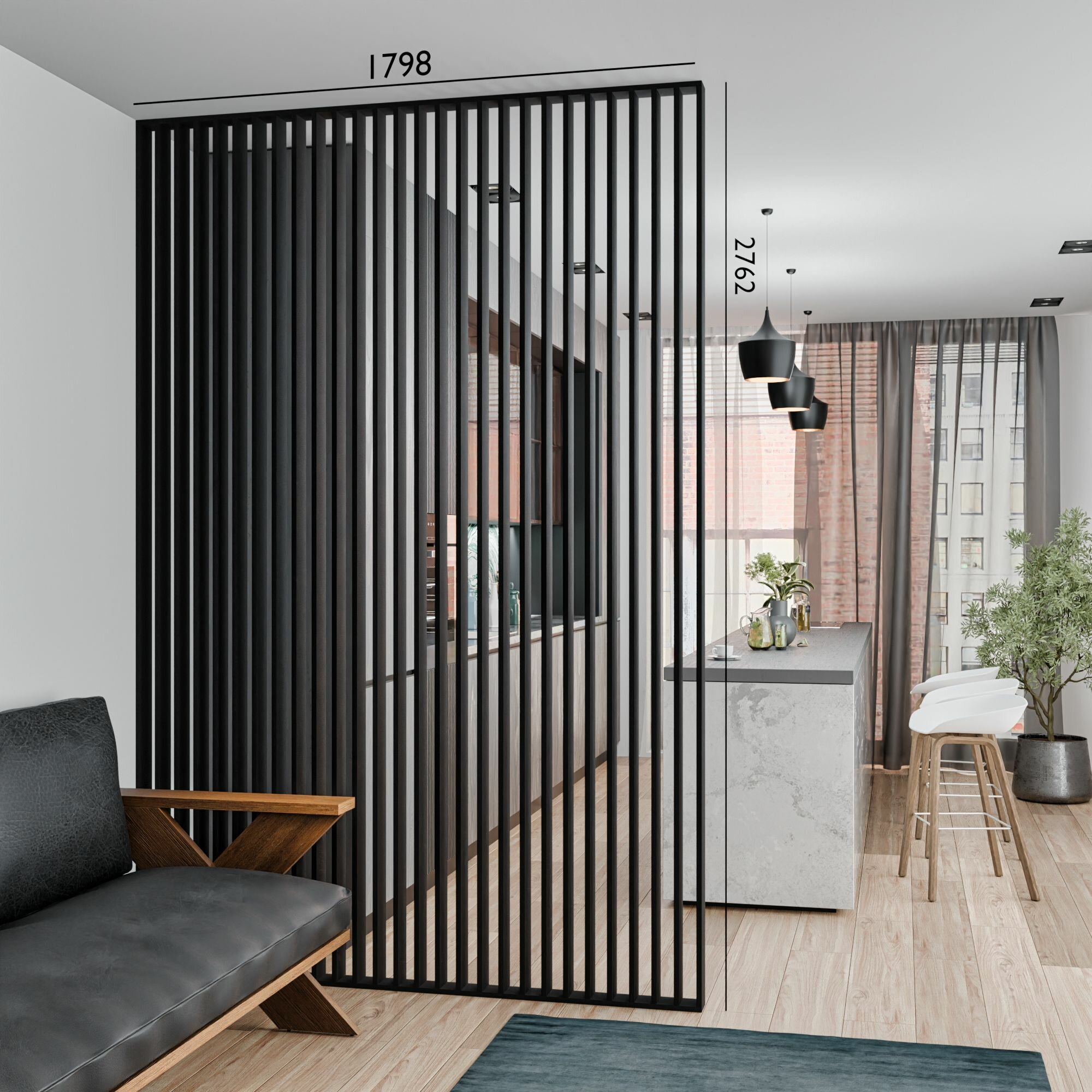 Реечная перегородка для зонирования 1798 мм, 16х80мм, черный