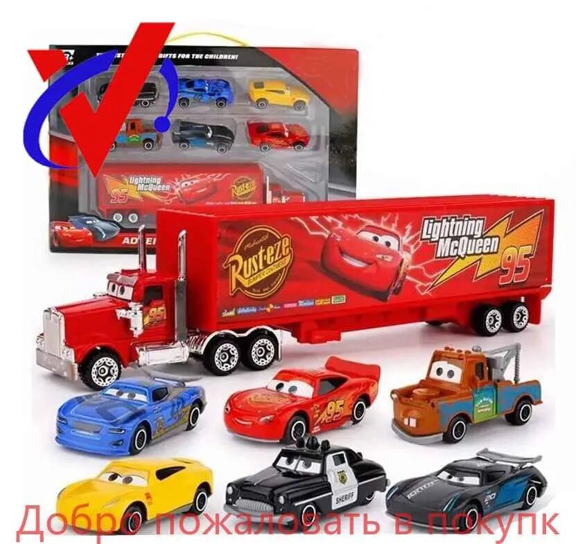 Набор металлических машинок и мультфильма Тачки: Молния МакКуин, Мак-трейлер, Бобби, Мэтр, Стерлинг, Шериф.