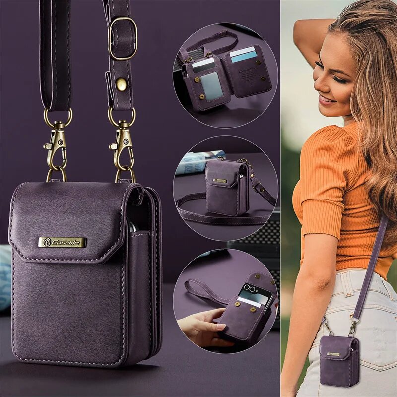 Кожаная мини-сумка-мессенджер с цепочкой, роскошная модная сумка, Samsung Galaxy Z Flip 6 3 4 5 5G OPPO Find N3 Flip Airpods Фиолетовый, Темно-фиолетовый, For For AirPods Pro1