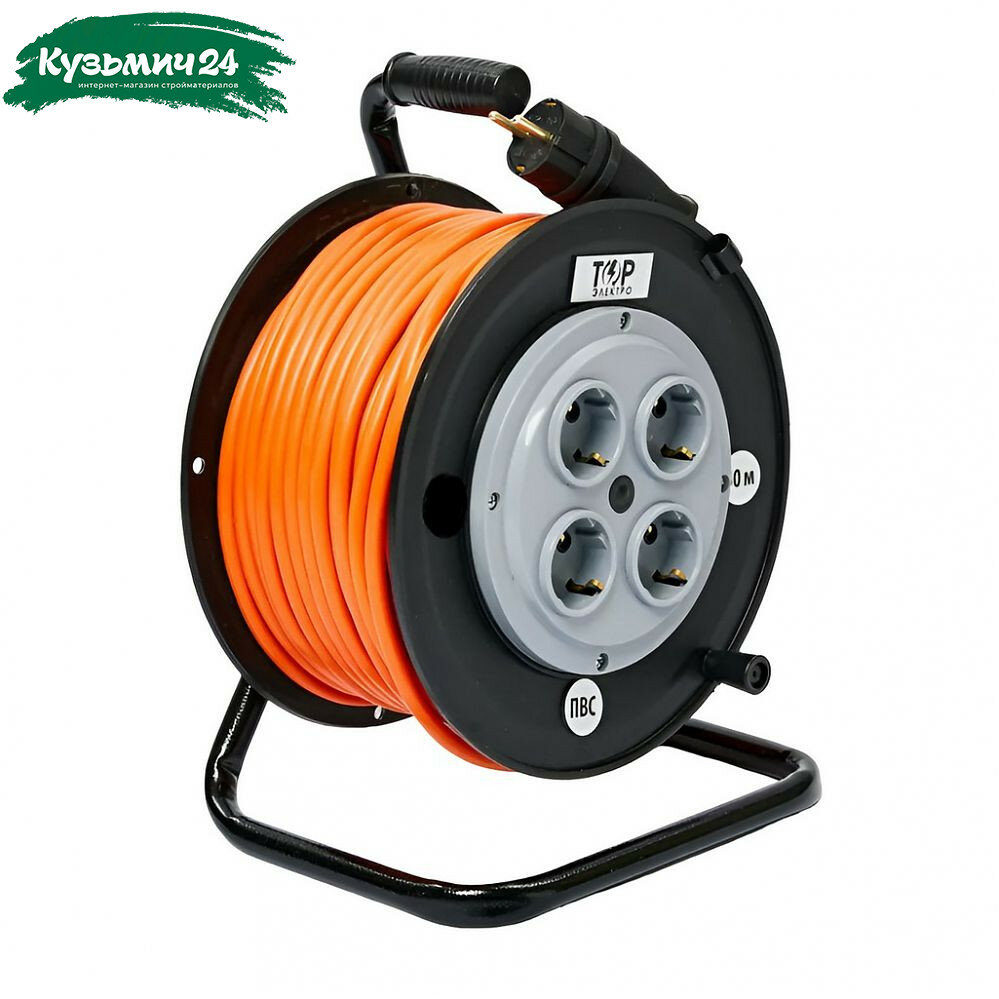 Удлинитель силовой ТОР 408, ПВС без заземления, 4 розетки,50м, 3.5 кВт, на катушке, 1 шт.