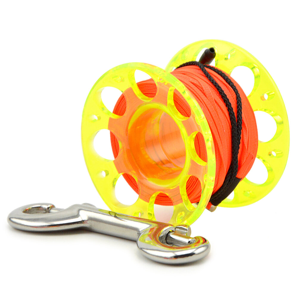 Плаstic Snorkeling Finger Spool Scuba Dive Reel с двусторонним болтовым клешем, черный/синий/белый/розовый/желтый, длина линии 15 м/30 м, размер спула 59*42 мм/70*42 мм, длина клеша 90 мм, вес 90-110 г, материал Plastic+Polyester+Stainless steel,
