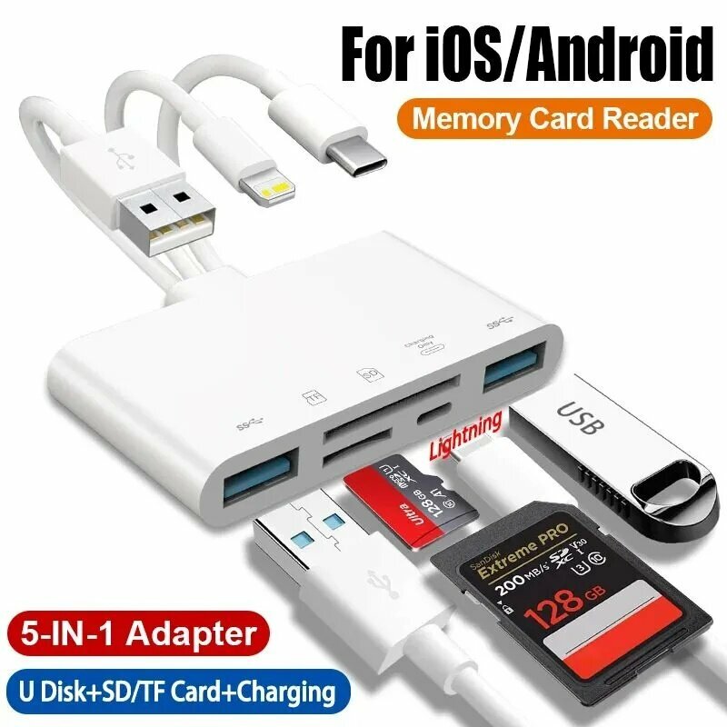 Картридер 5 в 1 универсальный USB Type CLightningUSB, устройство для чтения SD-карт памяти, U-диск, OTG адаптер, кабель-разветвитель для IOS / Android 5 合 1 通用 USB Type C Lightning USB 读卡器，SD 卡内存卡读取设备，U 盘，OTG 转接器，IOS/Android 分线器