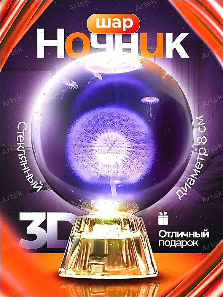 Ночник проектор "Одуванчик", 3D, хрустальный, питание от USB, розовый, 8см