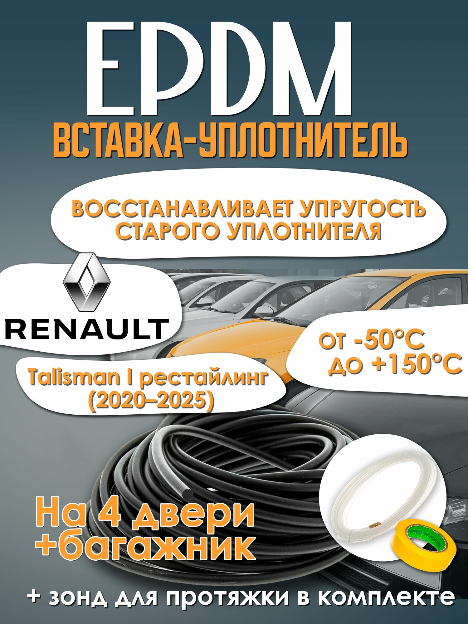 EPDM вставка-уплотнитель для дверей автомобиля Renault Talisman I рестайлинг (2020-2025) / Рено Талисман 1 поколение рестайлинг