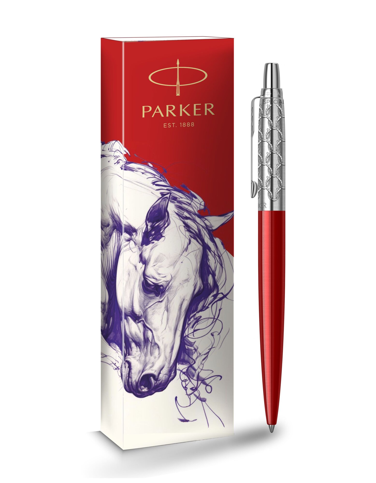 Шариковая ручка Parker Jotter Horse Special Editionl, Red CT, стержень: M, цвет чернил : blue в подарочной коробке 1953187_LE26