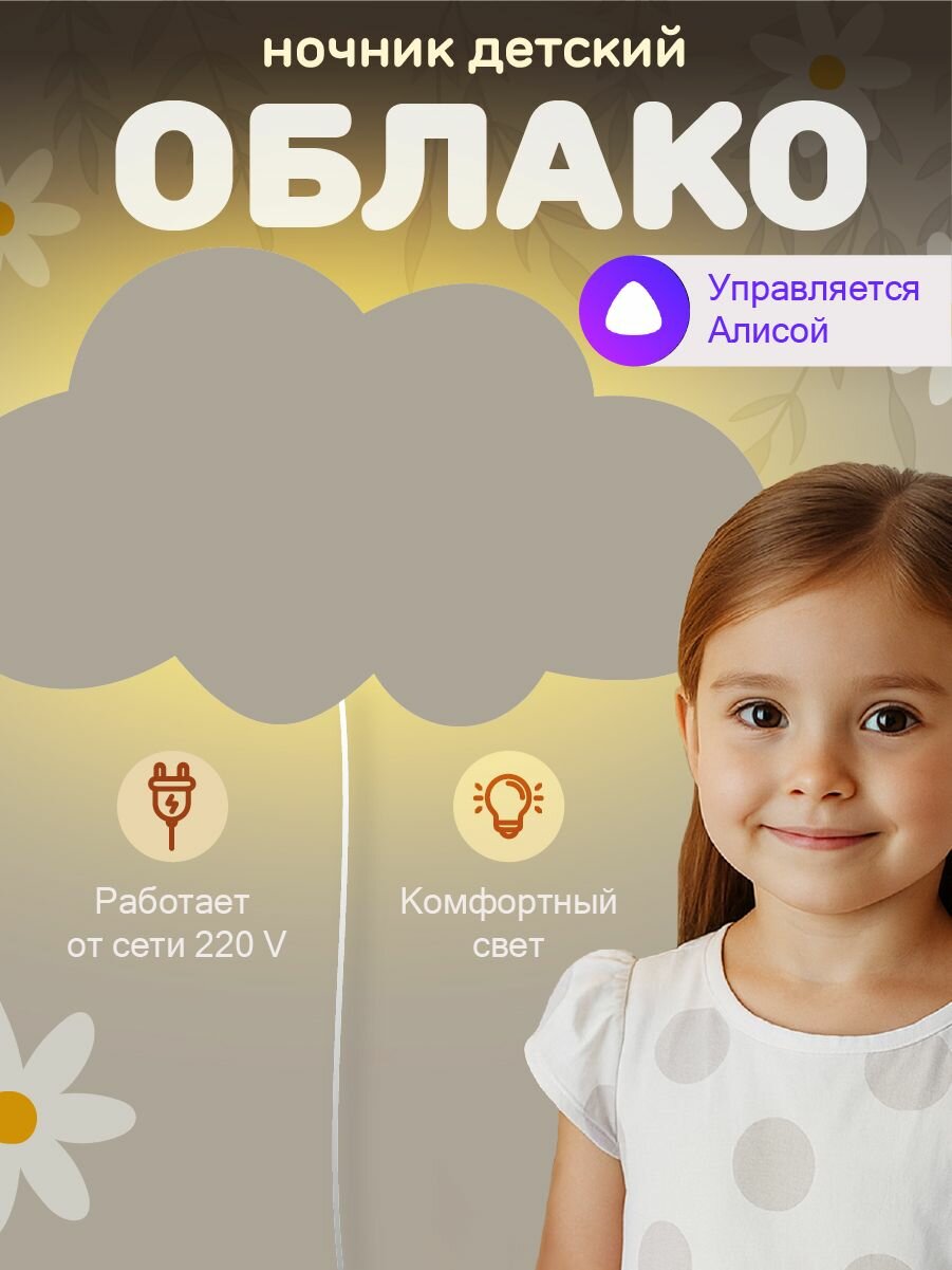 Светильник ночник детский для новорожденных с Алисой / Облако Теплый свет, питание от сети 220В, 45х25 см