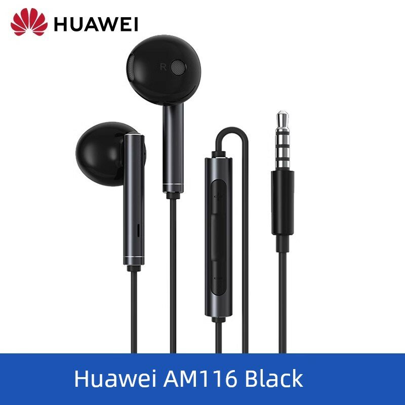 Huawei AM116 Наушники с микрофоном, 3,5 мм разъем, черные в коробке для телефонов