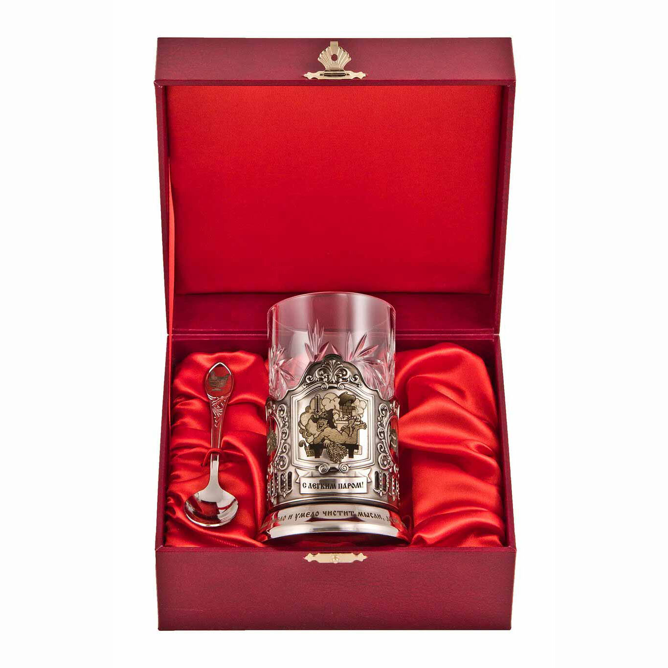 Набор для чая "С легким паром! Мужской" (3 пр.) дерев. футляр, хруст. стакан, гравировка, ложка-нерж. грав. ПД-349/1