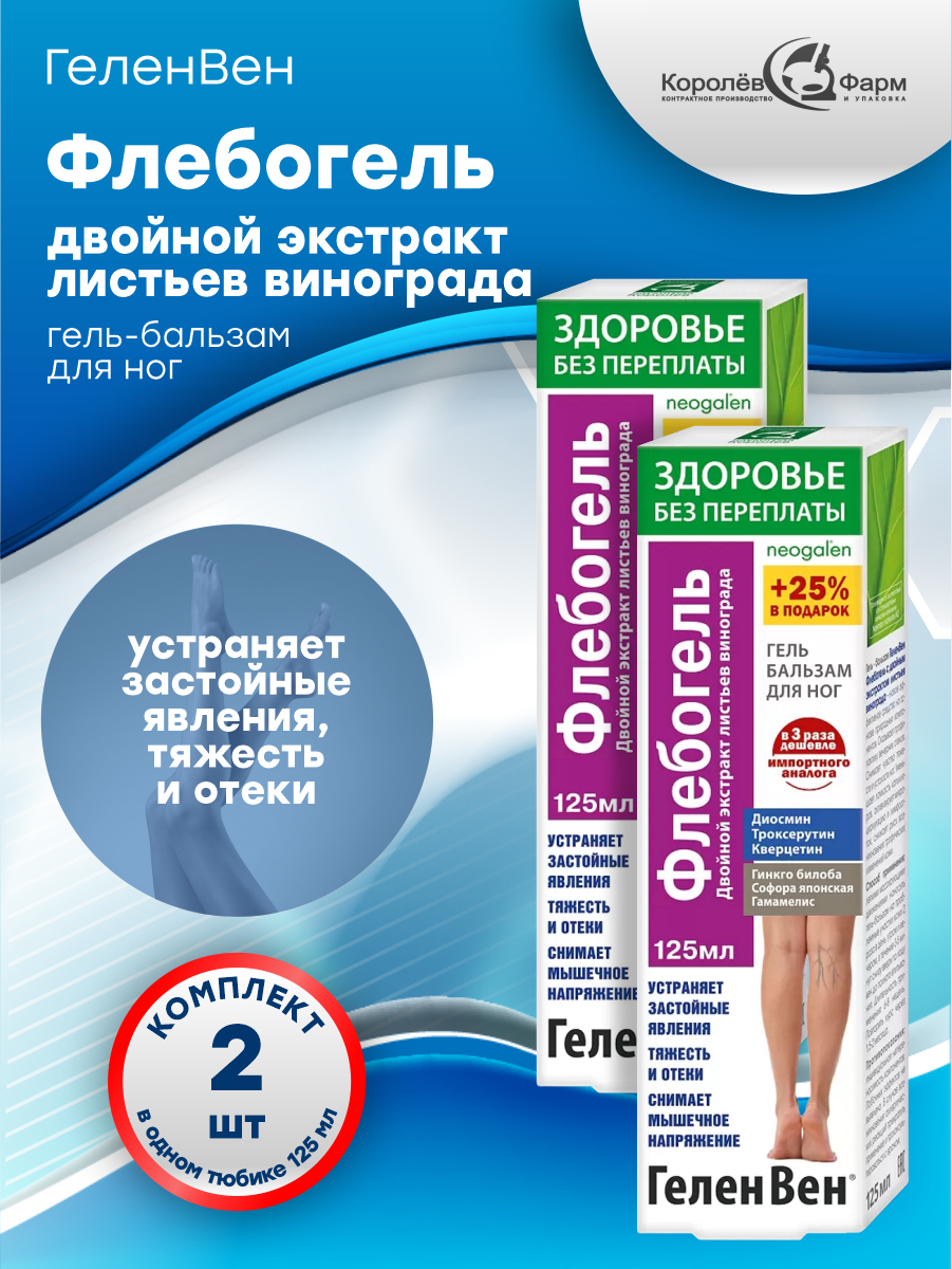 Гель-бальзам для ног ГеленВен Флебогель двойной экст. листьев винограда 125 мл. х 2 шт.