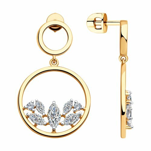 Серьги пусеты, серебро, 925 проба, золочение, фианит