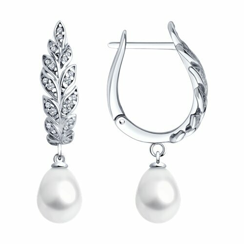 Серьги с подвесками, серебро, 925 проба, родирование, фианит, жемчуг культивированный