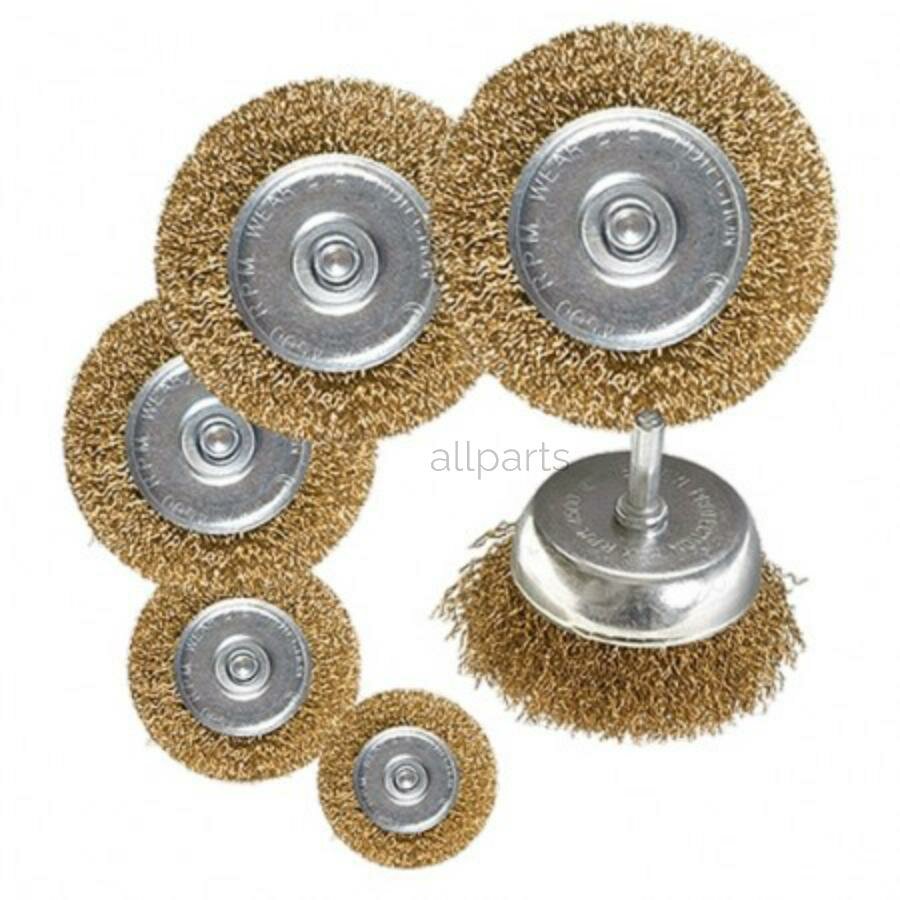 MATRIX 74496 Набор щеток для дрели, 6 шт. 5 плоских 40-50-65-75-100 мм + 1 чашка 50 мм, со шпильками MATRIX 74496