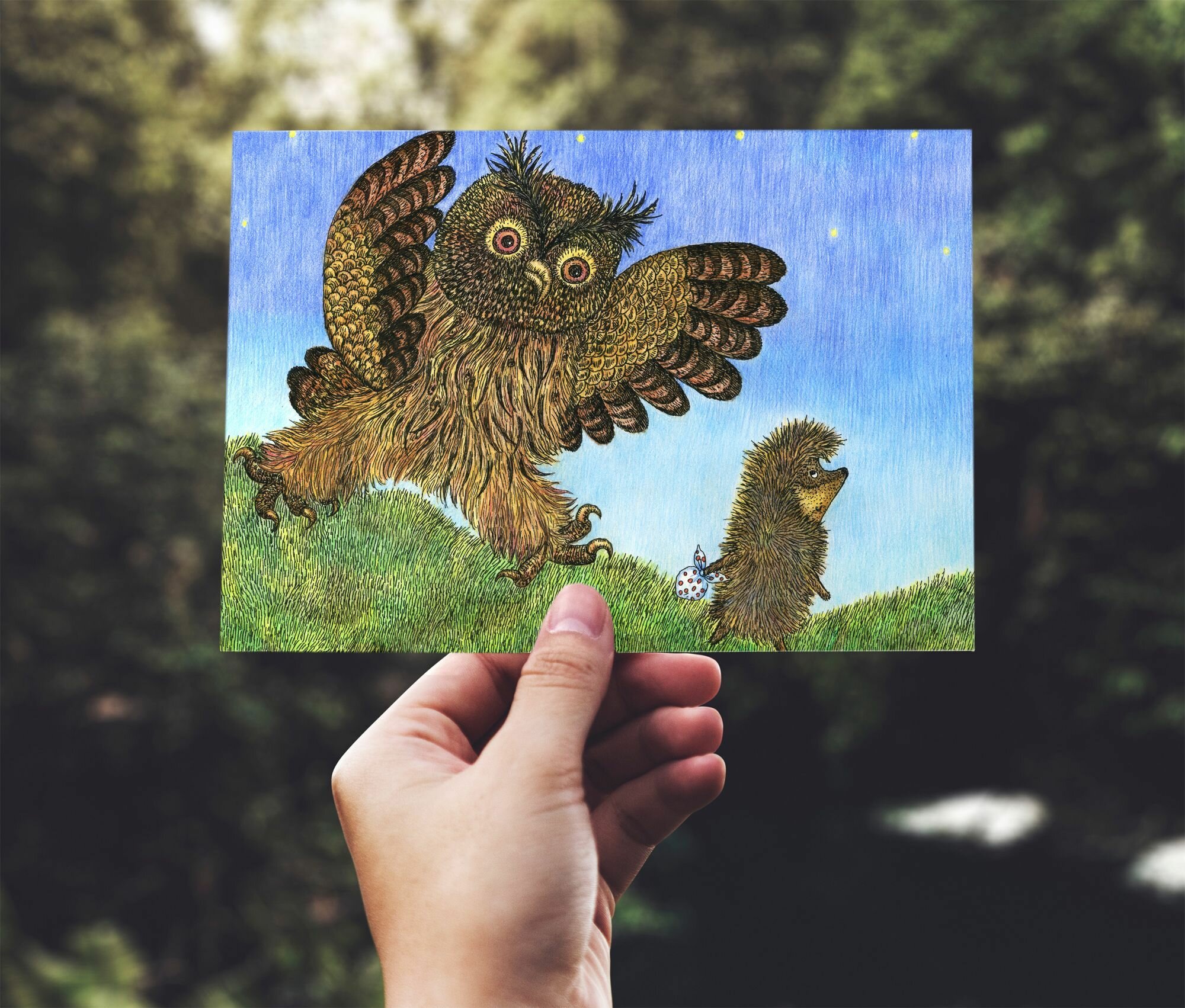 Открытка поздравительная с конвертом Ежик в тумане. Открытка для посткроссинга Ежик и сова