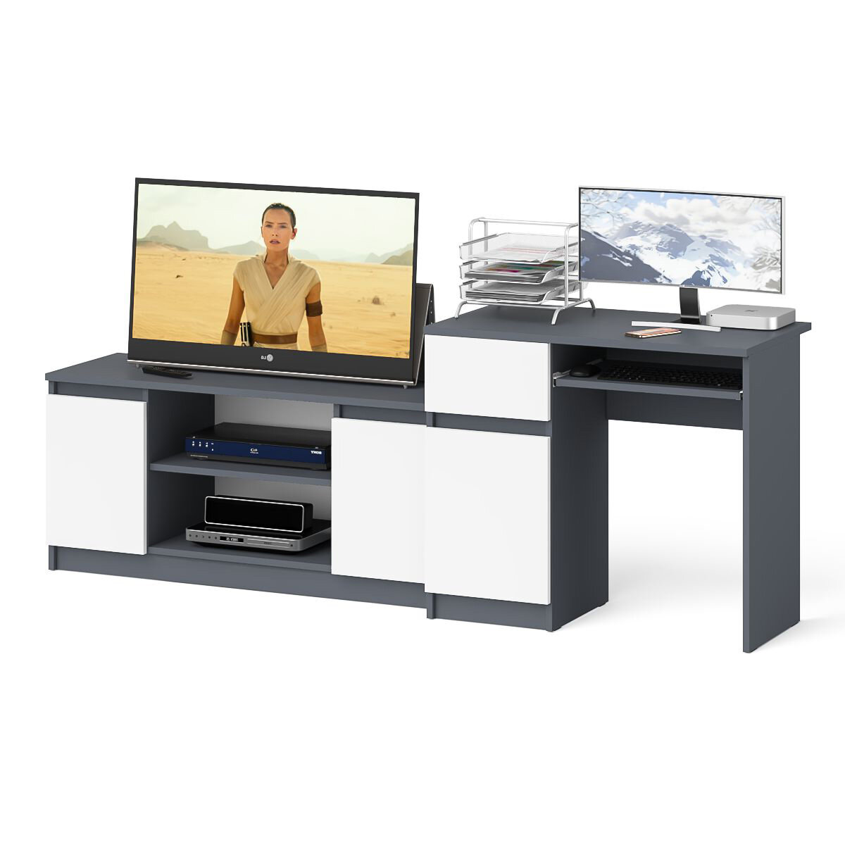 Стол компьютерный СВК Мори МС-1 левый с тумбой цвет графит/белый, 210,4х50х76,6 см.