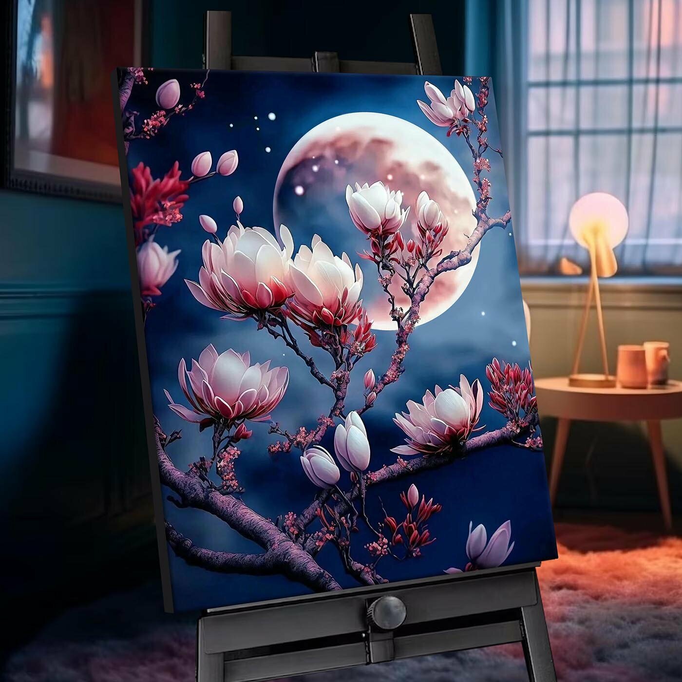 Картина по номерам 40х50см с кристаллами из хрусталя Цветущая магнолия Флюид