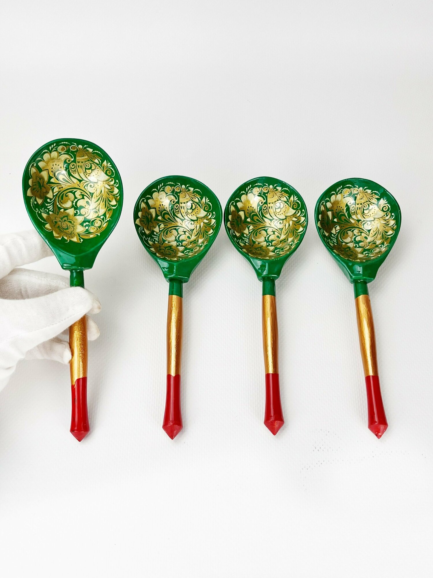 Ложки деревянные музыкальные, столовые, народные музыкальные инструменты, ручная авторская роспись, зеленые, 4 шт.