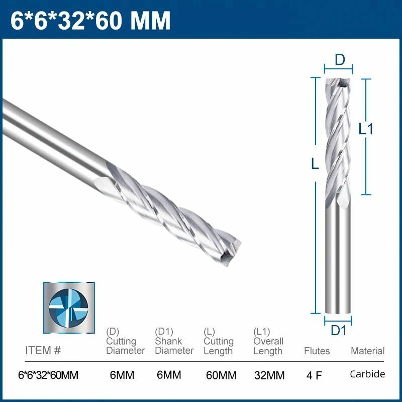 Фреза концевая твердосплавная четырехзаходная XCAN 6х32х60мм