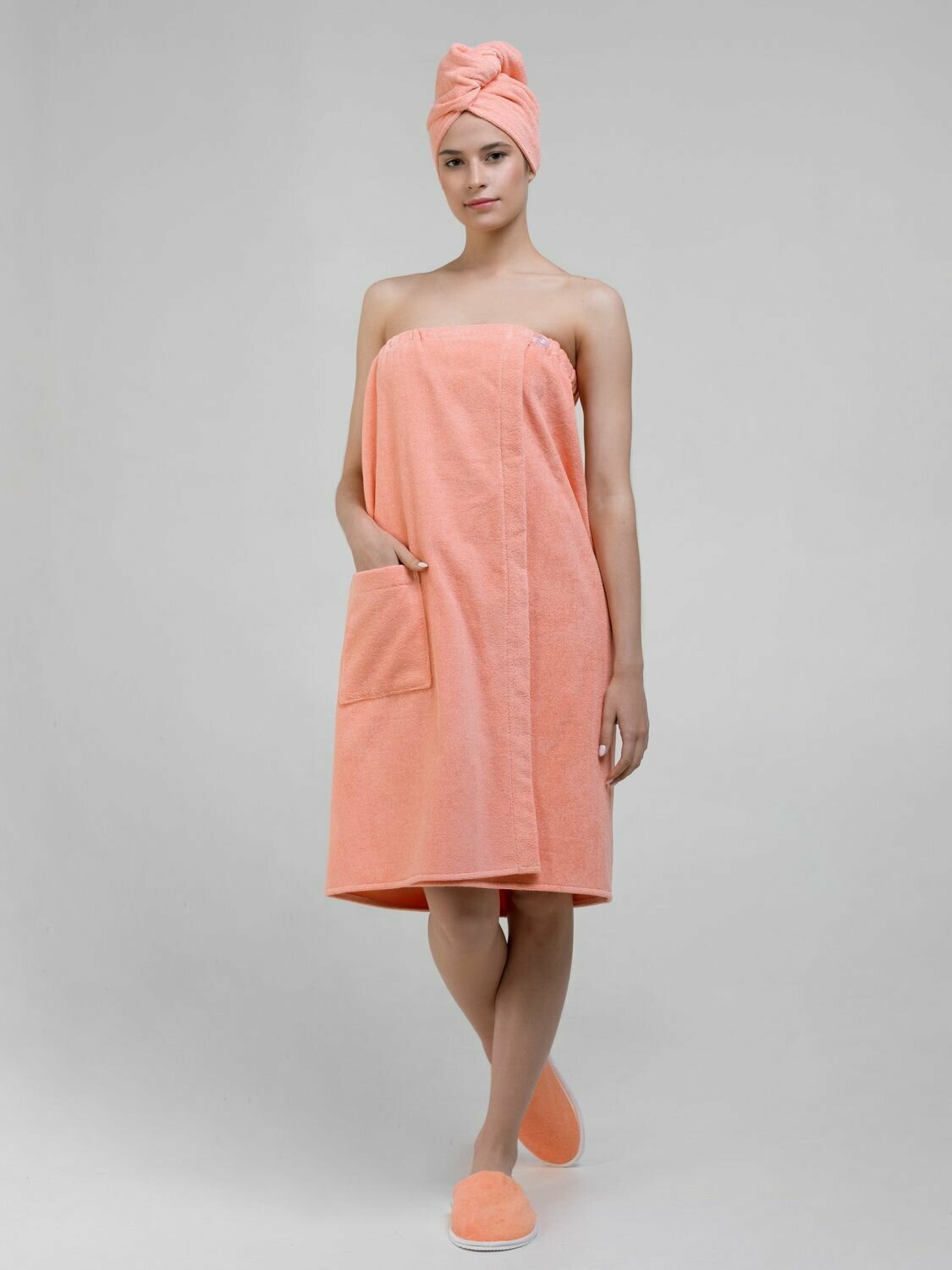 Женский махровый банный комплект (парео на пуговицах и чалма), светло-коралловый