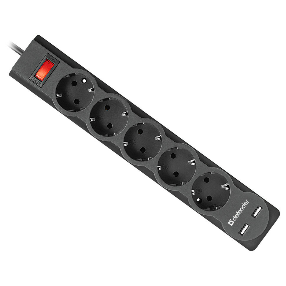 Сетевой фильтр Defender DFS 755 5 розеток 5,0м, 2xUSB, 2.1A, черный, 367838
