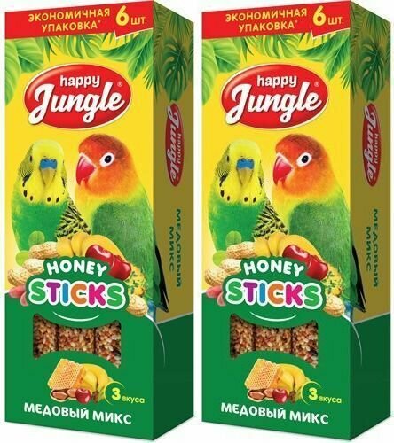 Happy Jungle Лакомство для птиц Палочки Медовый микс, 6 шт в уп, 180 г, 2 уп