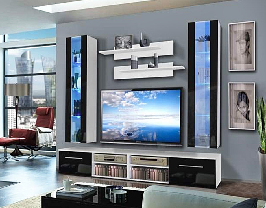 Гостиная 19 МДФ (черная) / Белый Фасадный 0101 NEW 240x45x220 см, черный, белый фасадный GOODFORM