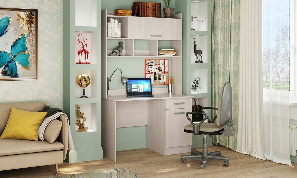 Компьютерный стол ПКС 2, Анкор светлый, ЛДСП, с полками, ящиком, для гостиной, спальни, 1118х1882х570, памир