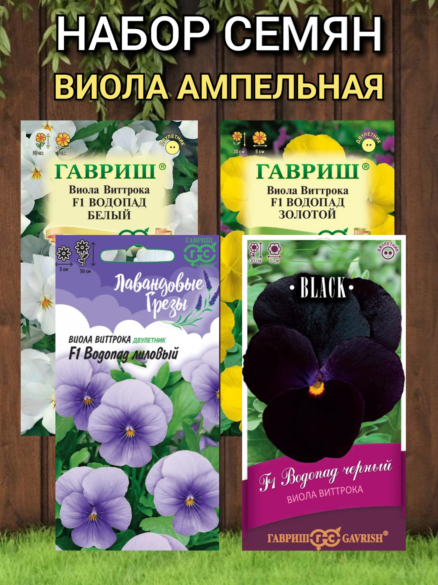 Семена цветов Гавриш, ампельная Виола Виттрока Водопад: белый, черный, золотой и лиловый