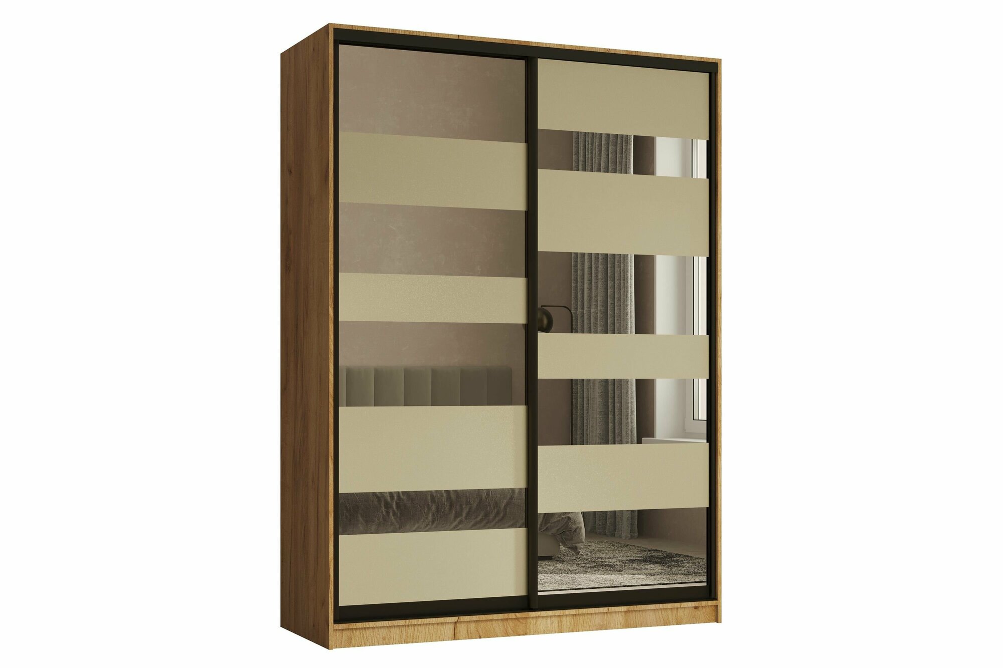 Шкаф купе, для одежды Дарден 2, Легкомаркет, с зеркалом бронза и пескоструйным рисунком, 80х60х240, платяной, дуб крафт золотой, профиль коньяк