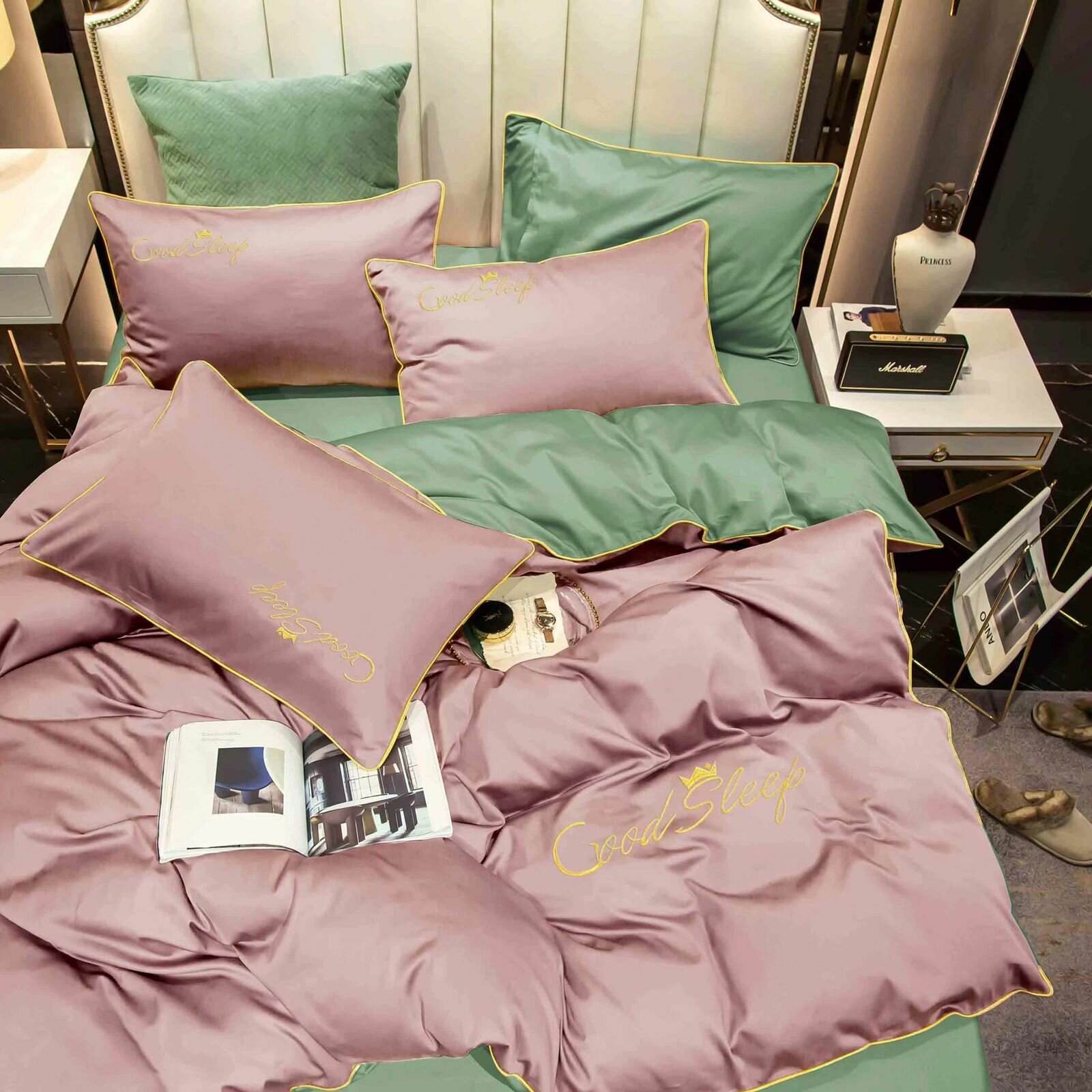 Комплект постельного белья Good Sleep, Сатин, Жатка, Семейный розово-зеленый