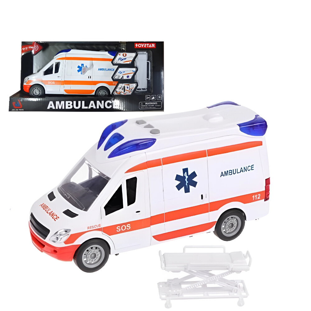 Детская машина инерционная спецтехника Скорая помощь, со светом и музыкой, двери открываются, каталка в комплекте