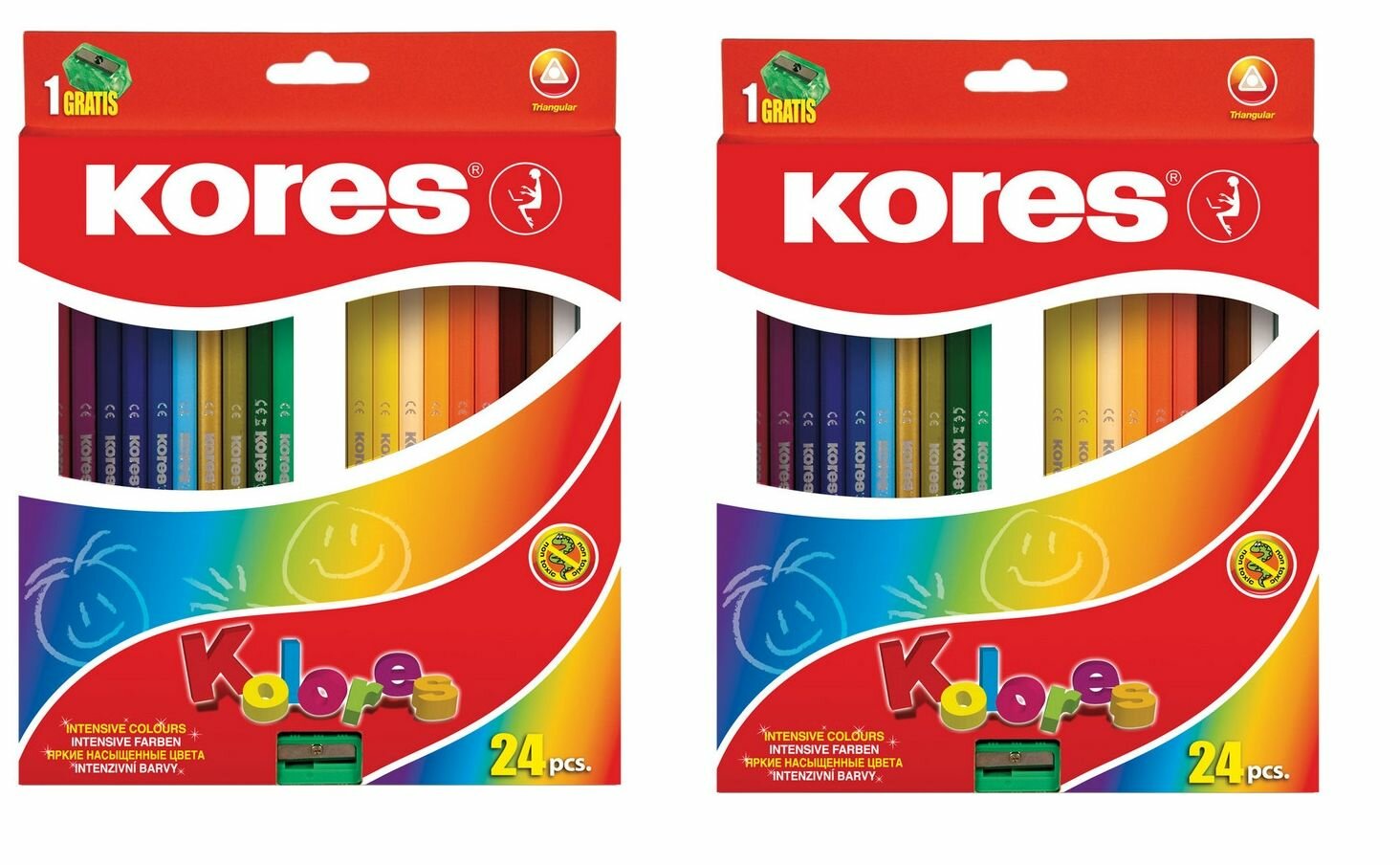 Kores Карандаши цветные, 24 цветов, трехгранные, точилка, 2 уп.