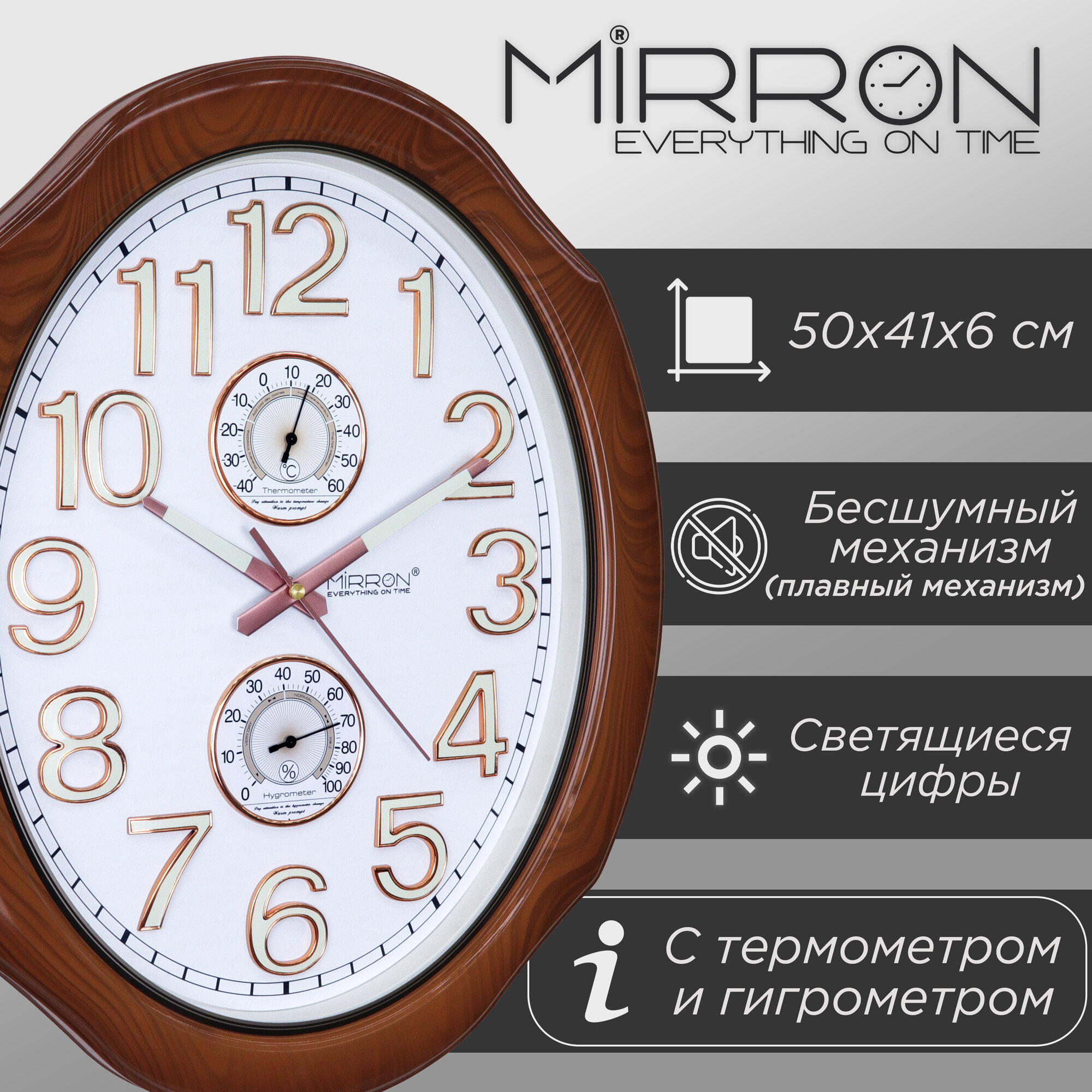 Настенные большие бесшумные коричневые часы MIRRON M1014BM-2 ДБ/Часы овальные/Светящиеся цифры/Белый циферблат