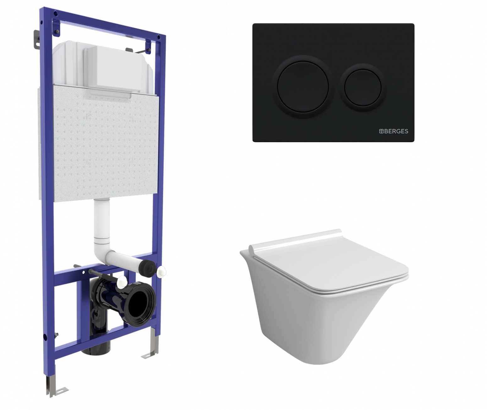 Комплект 3 в 1 инсталляция Berges Novum O5 + Унитаз подвесной Grossman GR-4413S с кнопкой черной