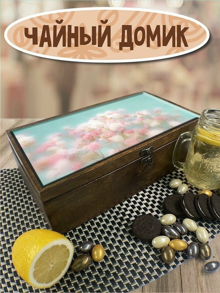Коробка для чайных пакетиков, Чайница из дерева УФ, 4 отделения с принтом природа цветы - 555