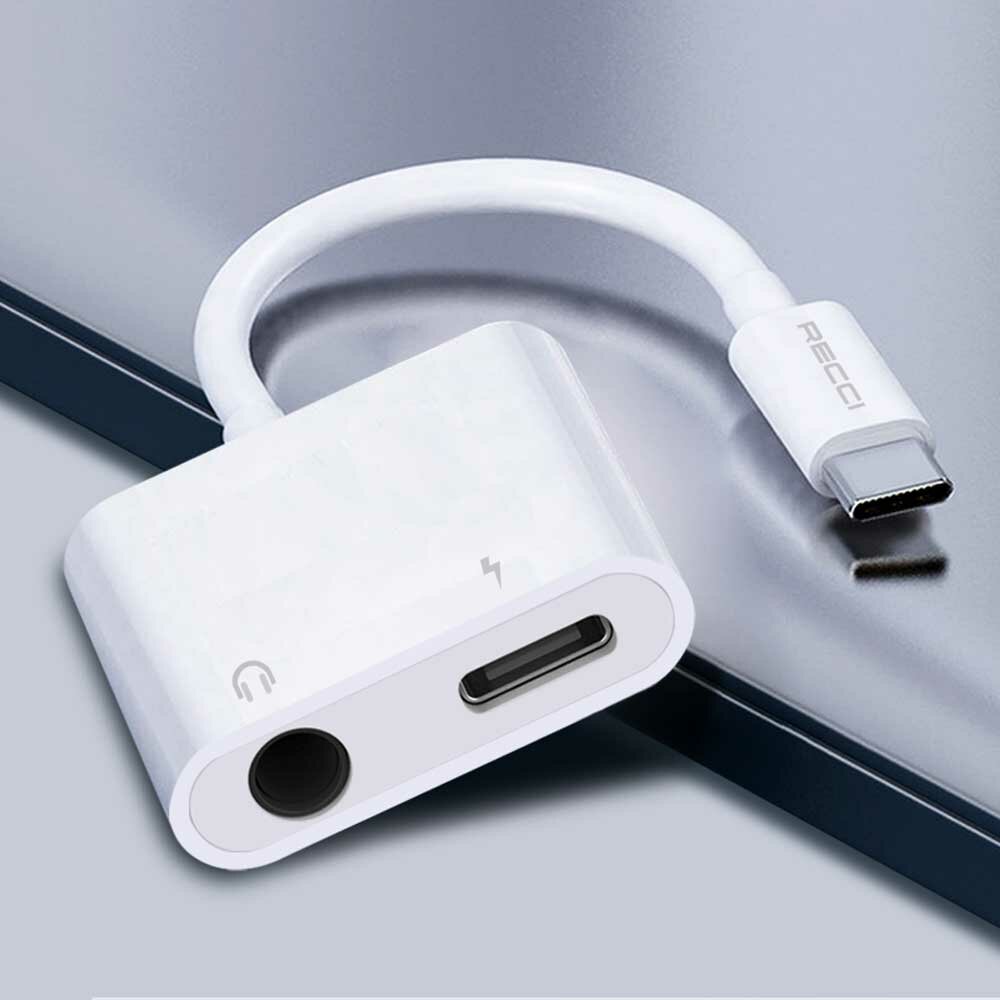 Переходник конвертер 2-in-1, Recci RDS-A02, Type-C(M) to Type-C(F) 2.1A + AUX 3.5 mm, Белый