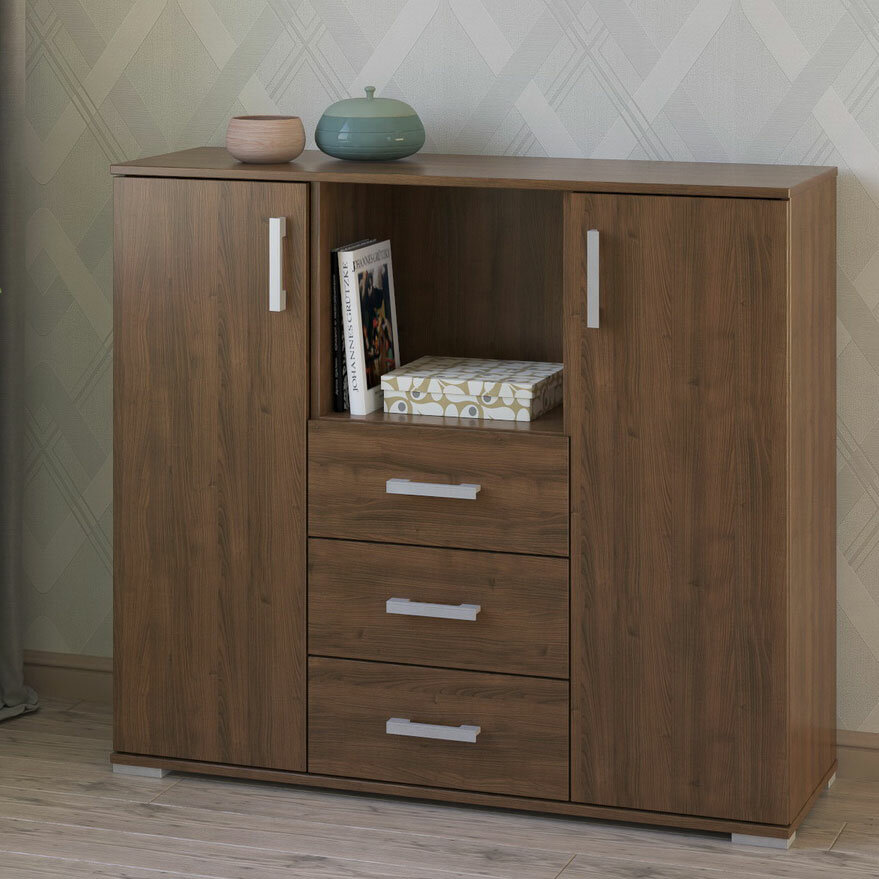 Широкий двухдверный комод с 3 ящиками и открытой нишей МагМебель №65 орех