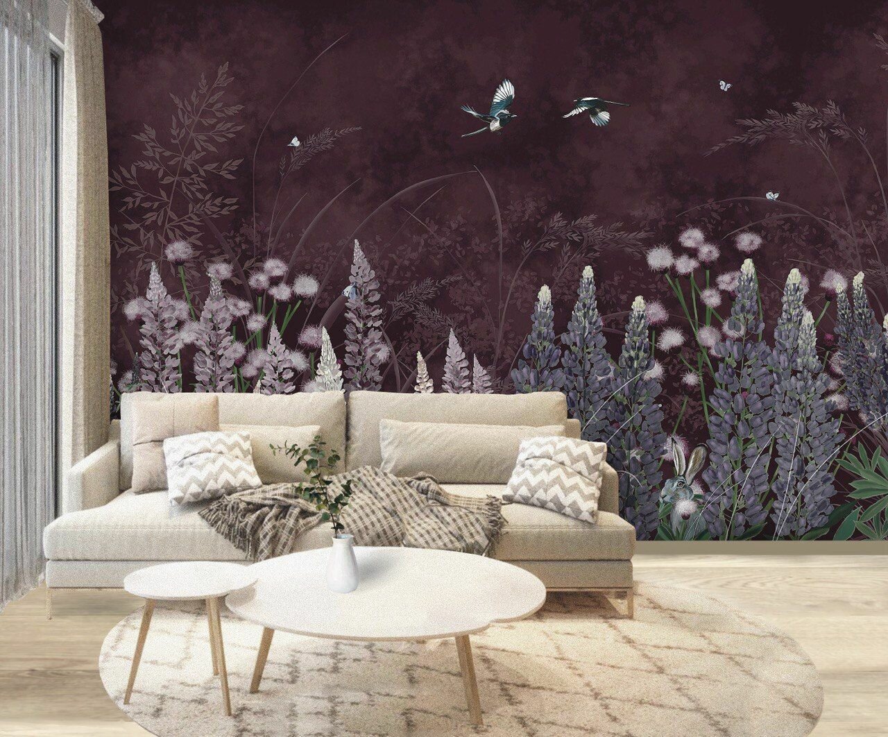 Фреска бесшовная "Акварельные люпины" бордовые (ширина 2550мм х длина 2500мм)