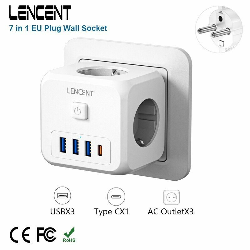 Тройник разветвитель LENCENT 3 евро розетки 3 USB порта 1 Type-C