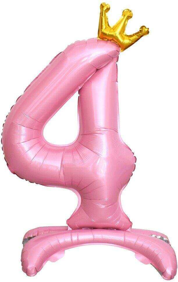 Шар (32'/81 см) Цифра, 4 Золотая корона, на подставке, Розовый, 1 шт. в упак.