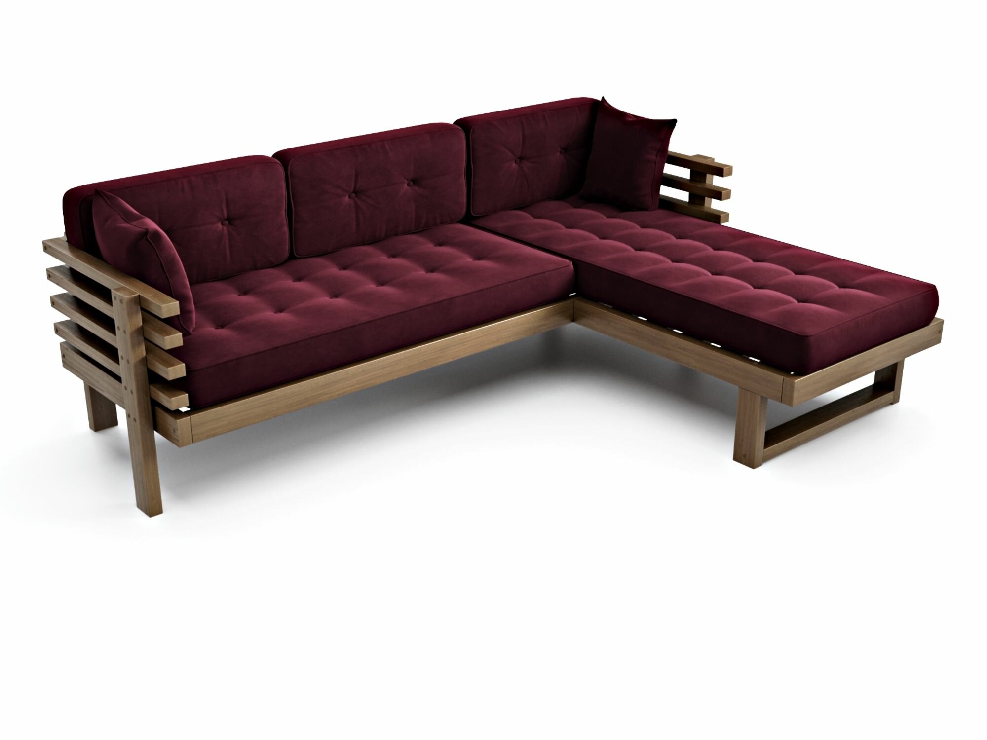 Диван угловой Arsko Стоун-У правый, бордовый-орех, велюр, деревянный, на ножках, скандинавский лофт