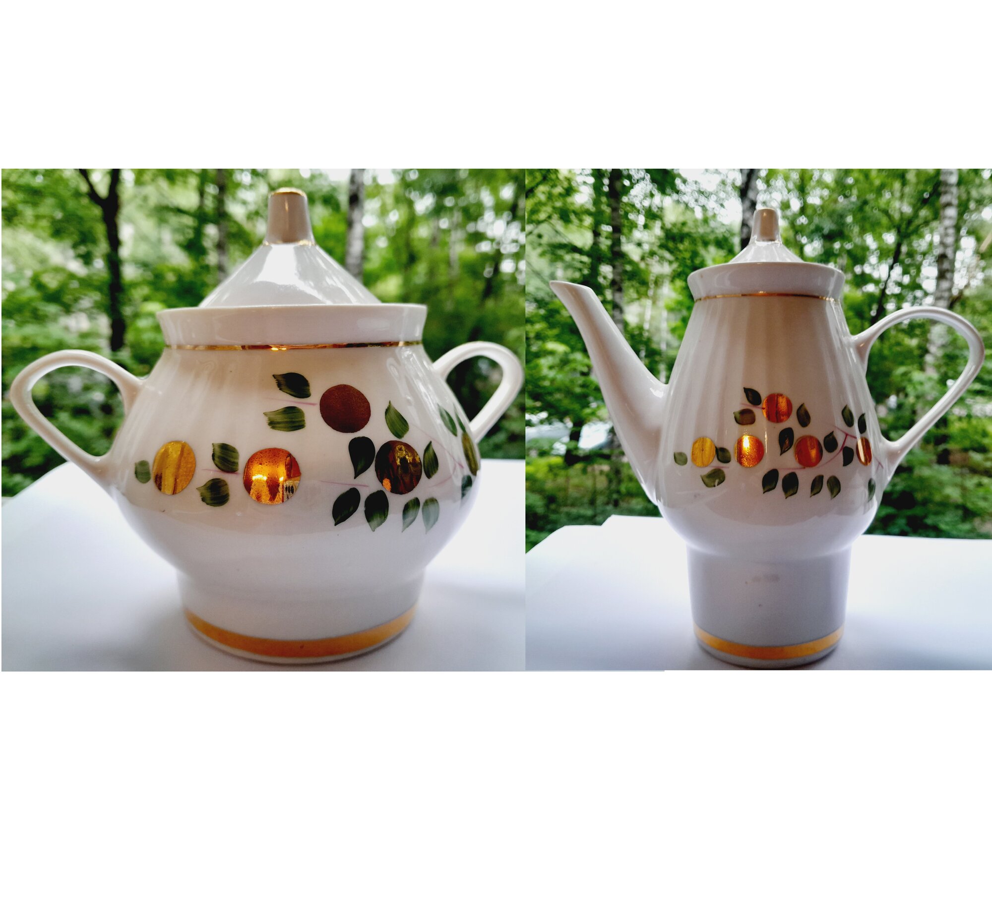 Сахарница и кофейник от сервиза кофейного "Золотые яблочки". Минский фарфоровый завод. Винтаж. Ручная роспись. Минск. Мффз