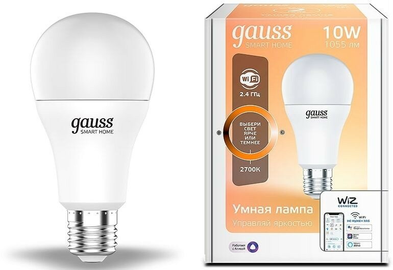 Умная лампа Gauss IoT Smart Home E27 10Вт 1055lm Wi-Fi (упак:1шт) (1070112)