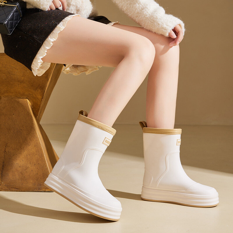 Летние полусапожки, модные резиновые сапоги, женские резиновые сапоги со шнурком и подгибкой, для улицы, для кухни, работы, резиновая обувь из ПВХ, водонепроницаемая обувь плюс бархат