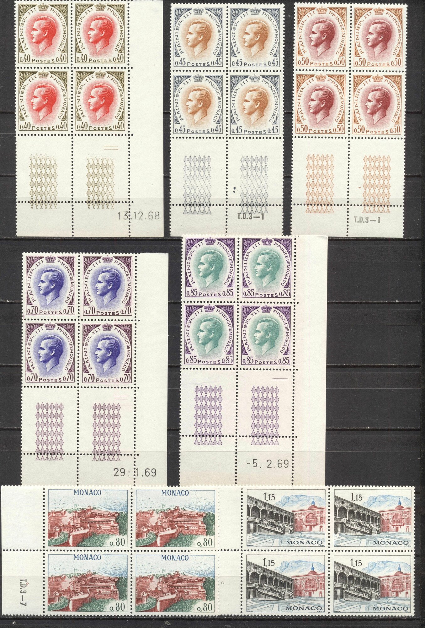 Монако. 1968/69 г. г. набор чистых** нечастых марок в квартблоках.