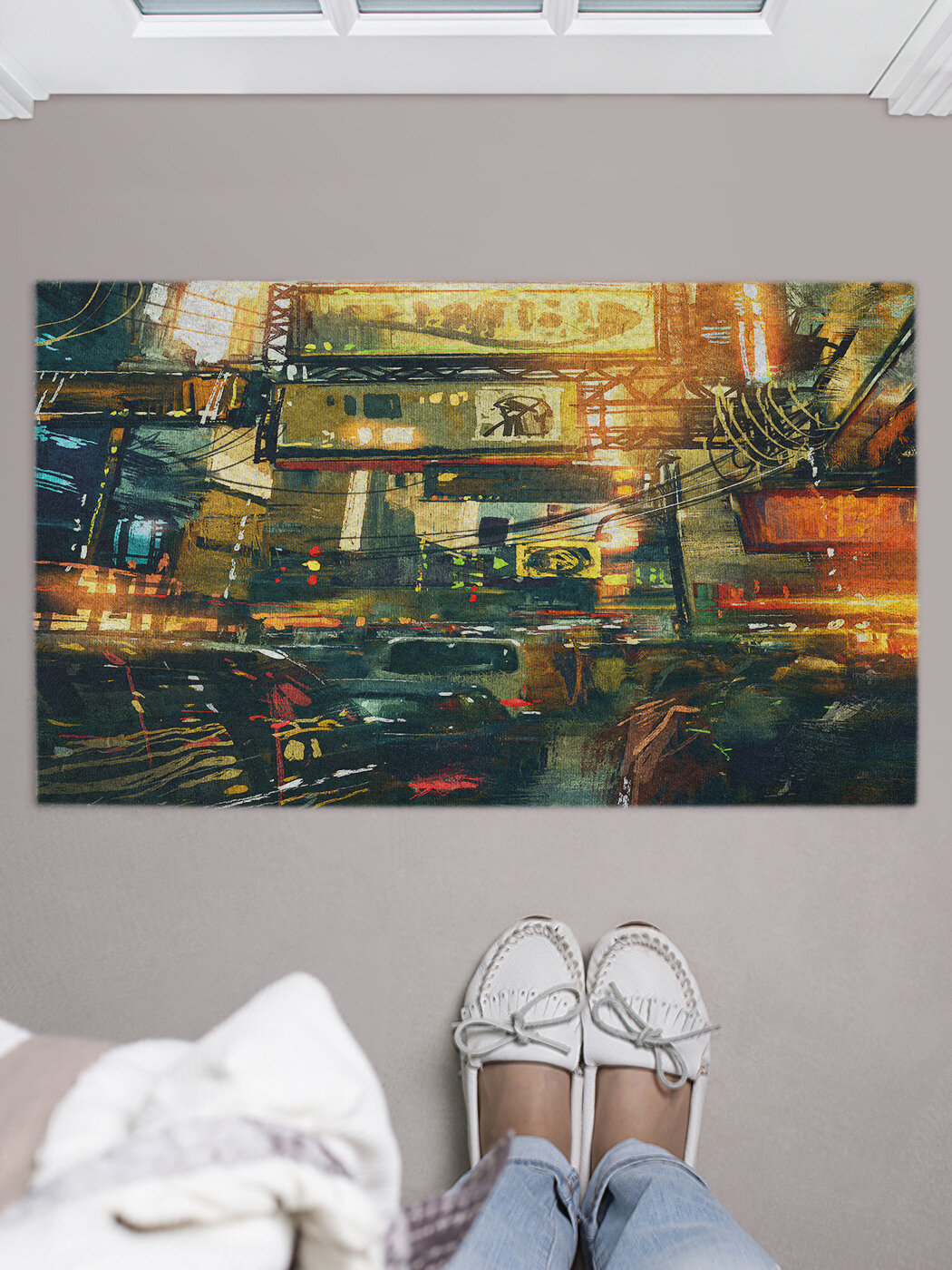 Коврик придверный в прихожую с принтом "Ночной вид на город" 45x75 см , JoyArty