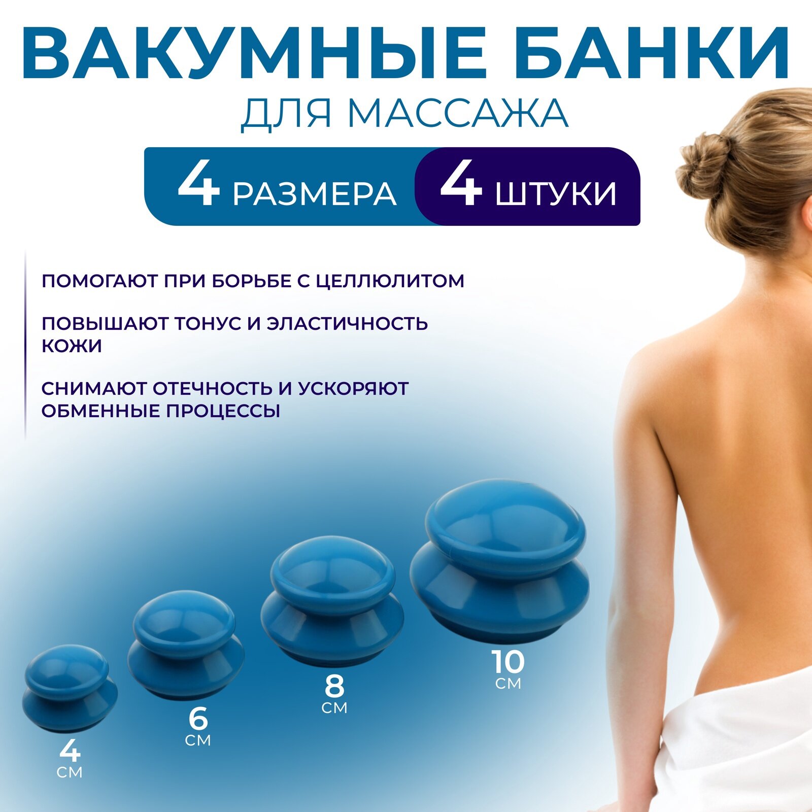 Набор вакуумных банок для массажа, резиновые, d=10/8/6/4 см, 4 шт, синий