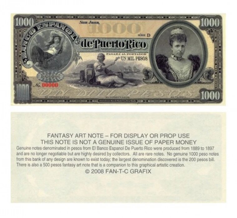 1000 песо 2008 Пуэрто-Рико, Испания, фантазийная бона, сувенирная копия, банкноты и купюры редкие коллекционные
