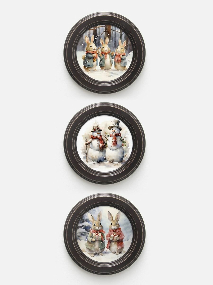 Комплект из 3х мини-картин в деревянной раме "Новогоднее настроение", диаметр 17.5 см