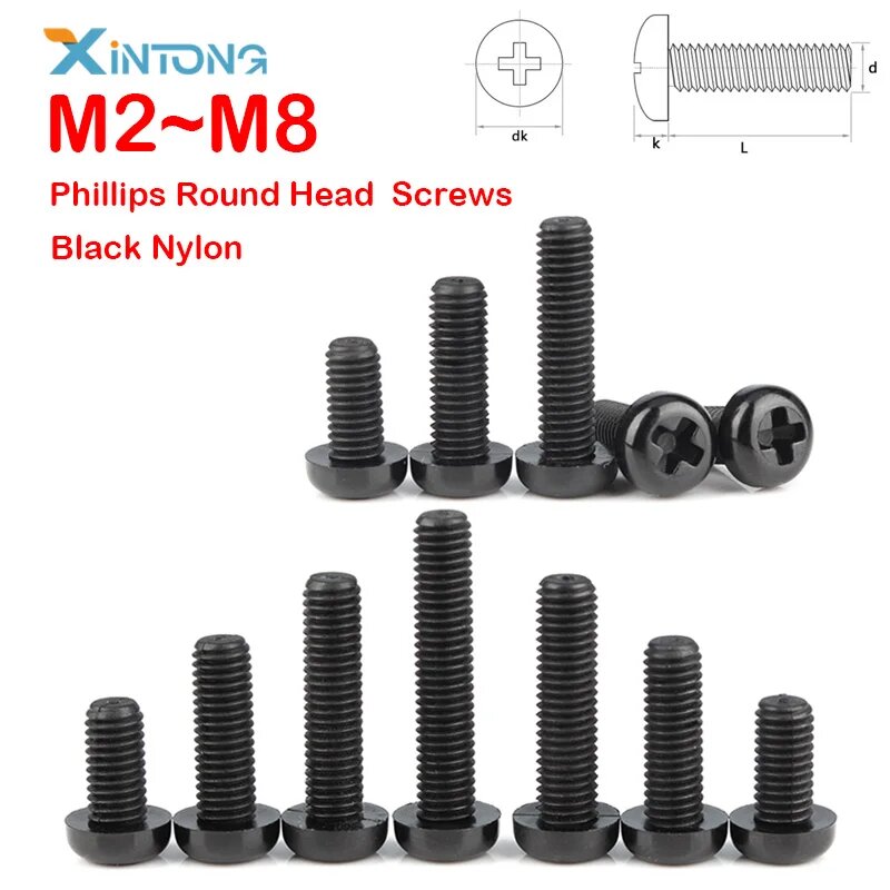 Черные нейлоновые винты DIN 7985 M2-M8 M3-100PCS, 8mm